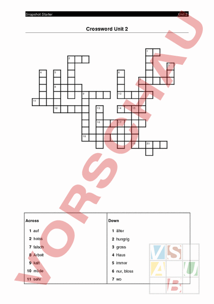 Arbeitsblatt: Crossword Unit 2 - Englisch - Wortschatz