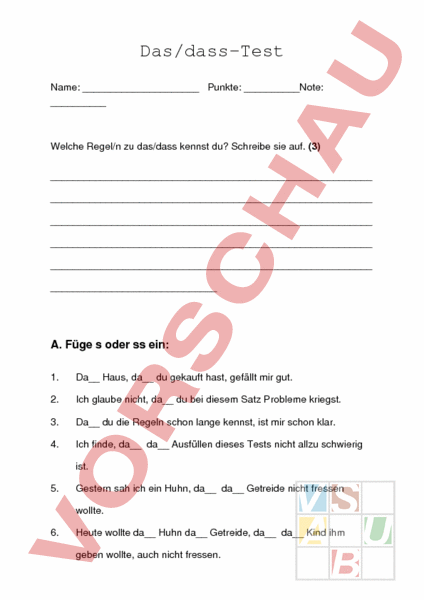 Arbeitsblatt: Prüfung_ das/dass - Deutsch - Rechtschreibung