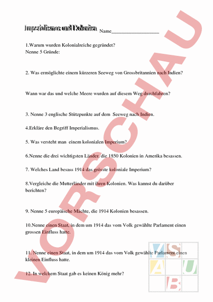 Arbeitsblatt: Imperialismus, Kolonien - Geschichte - Neuzeit