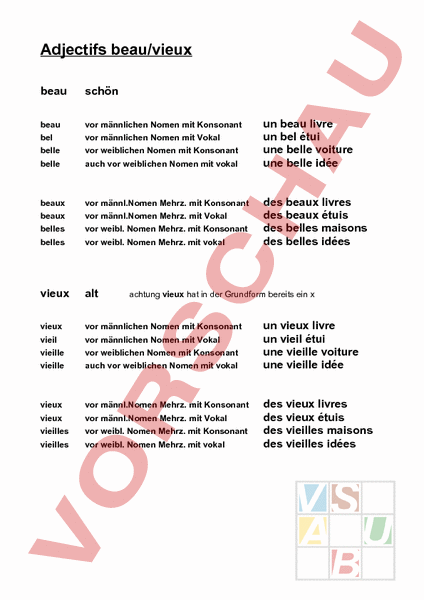 Arbeitsblatt: Adéctifs beau et vieux - Französisch - Grammatik
