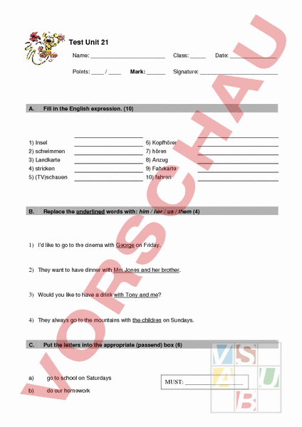Arbeitsblatt: Test Unit 21 (revision unit) - Englisch - Lehrmittel
