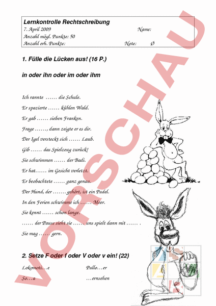 Arbeitsblatt: ihn oder in, ihm oder in, v oder f - Deutsch ...