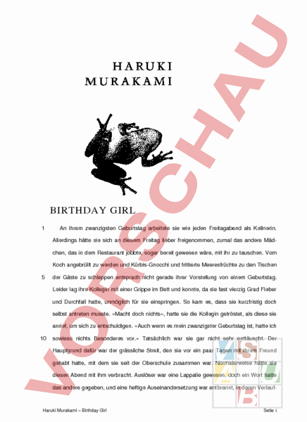 Arbeitsblatt: Murakami - Birthday Girl - Deutsch - Textverständnis