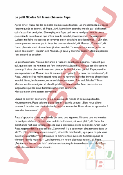 Arbeitsblatt: Le petit Nicolas - Französisch - Lesen / Literatur