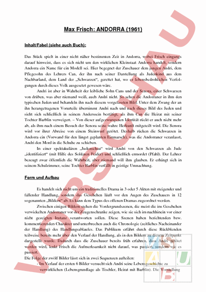 Arbeitsblatt: Max Frisch Andorra - Deutsch - Leseförderung / Literatur