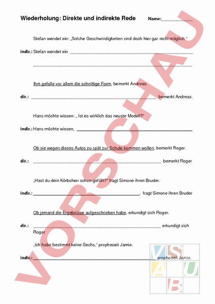 Arbeitsblatt: Direkte und indirekte Rede 2 - Deutsch - Grammatik