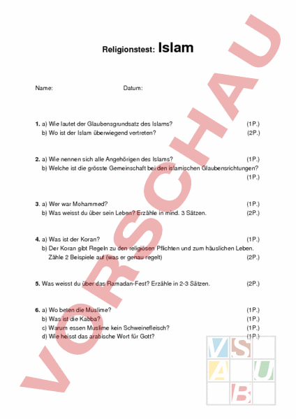 Arbeitsblatt: Test Islam - Lebenskunde - Religionslehre / Bibel