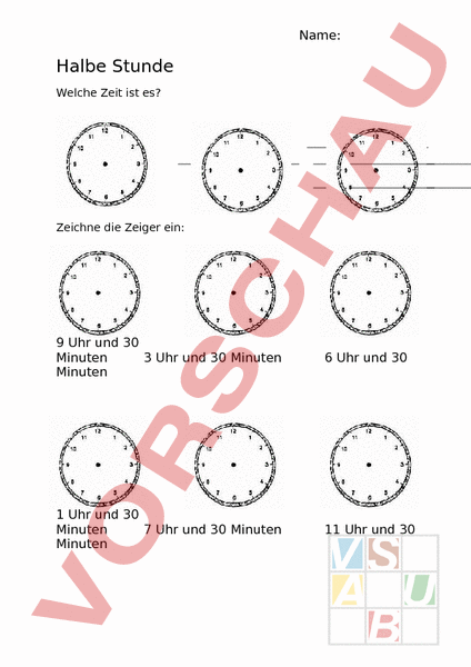 Arbeitsblatt: Uhrzeit - halbe Stunde - Mathematik - Anderes Thema