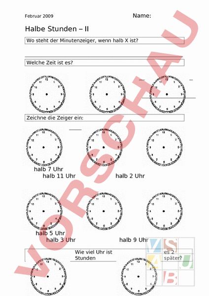 Arbeitsblatt: Uhrzeit - halbe Stunde II - Mathematik - Anderes Thema