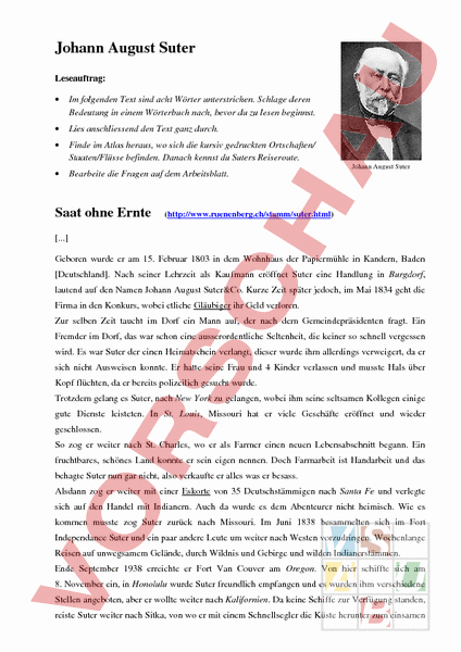Arbeitsblatt: Johann August Sutter - Geschichte - Neuzeit