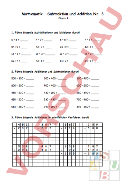 Arbeitsblatt: Addition und Subtraktion - Mathematik - Addition