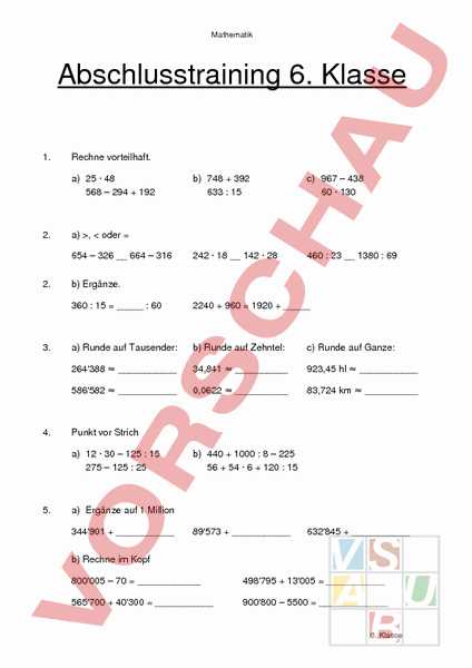 Arbeitsblatt: Abschlusstraining - Mathematik - Gemischte Themen