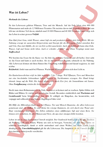 Arbeitsblatt: Was ist Leben - Biologie - Pflanzen / Botanik