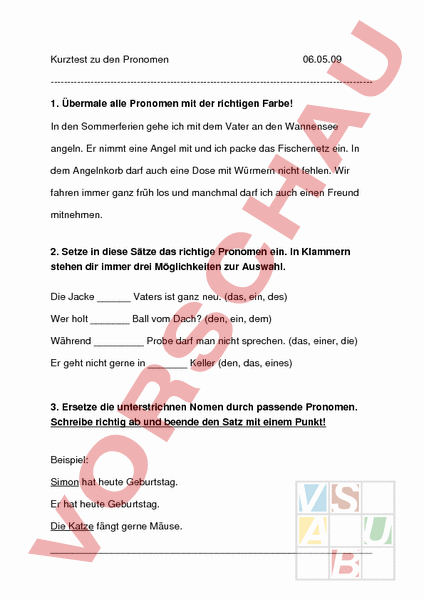 Arbeitsblatt: Test zu den Pronomen - Deutsch - Grammatik