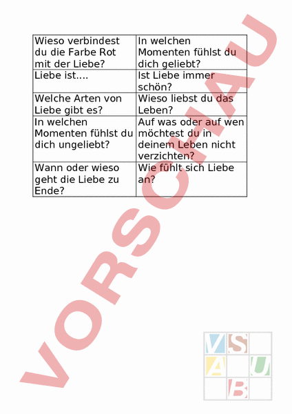 Arbeitsblatt: Fragekartenrunde zum Thema LIEBE - Lebenskunde - Ethik ...