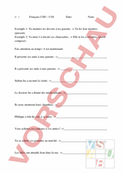 Arbeitsblatt: COD-COI Accord du participe - Französisch - Grammatik