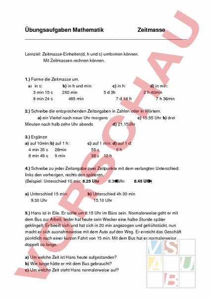 Arbeitsblatt: LZK ZEIT - Mathematik - Sachrechnen / Grössen