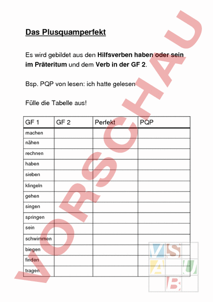 Arbeitsblatt: Plusquamperfekt - Deutsch - Grammatik