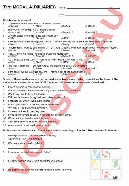Arbeitsblatt: Test Modal Auxiliaries 2 - Englisch - Gemischte Themen