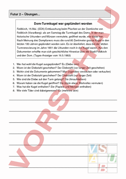 Arbeitsblatt: Übungen zu Futur 2 - Deutsch - Grammatik