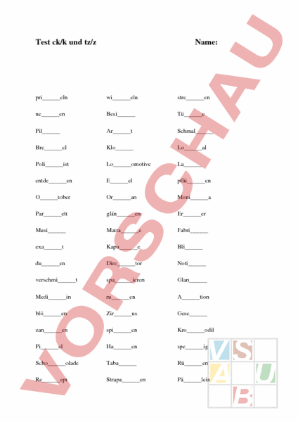 Arbeitsblatt: ck/k tz/z - Deutsch - Rechtschreibung