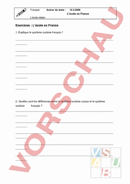 Arbeitsblatt: L'école en France - Französisch - Textverständnis