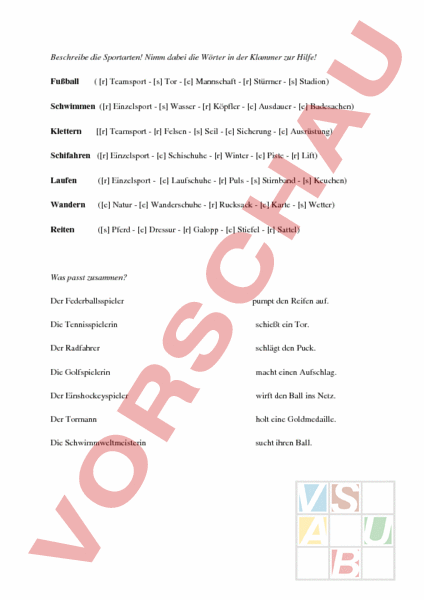 Arbeitsblatt: Sport - Deutsch - Wortschatz