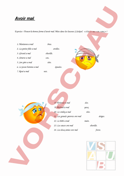 Arbeitsblatt: avoir mal à/au/aux - Französisch - Grammatik