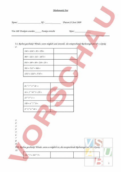 Arbeitsblatt: Mathe-Test - Mathematik - Gemischte Themen