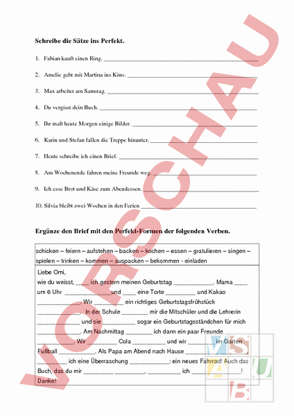 Arbeitsblatt: Perfekt - Deutsch - Grammatik
