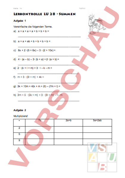 Arbeitsblatt: Lernkontrolle Summen - Mathematik - Algebra