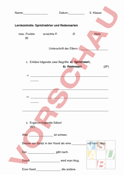 Arbeitsblatt: Sprichwörter Redensarten - Deutsch - Rechtschreibung