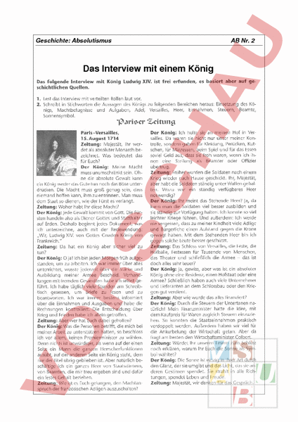 Arbeitsblatt: Interview mit Ludwig XIV - Geschichte - Neuzeit