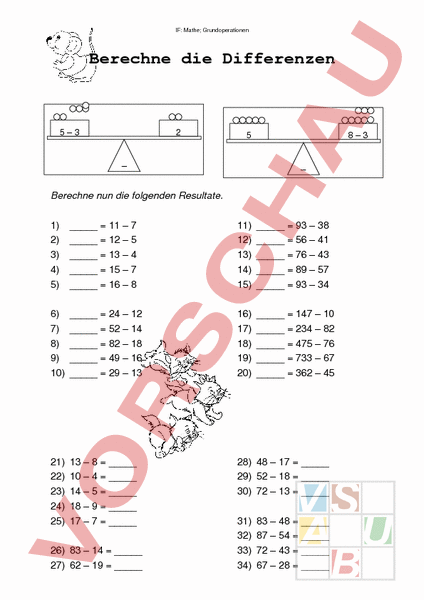 Arbeitsblatt: Berechne die Differenz - Mathematik - Subtraktion