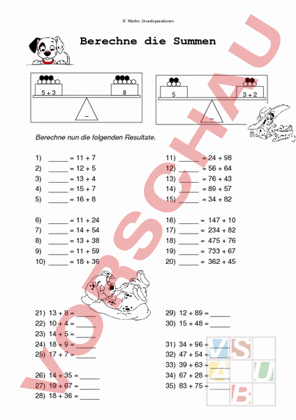 Arbeitsblatt: Berechne die Summe - Mathematik - Addition
