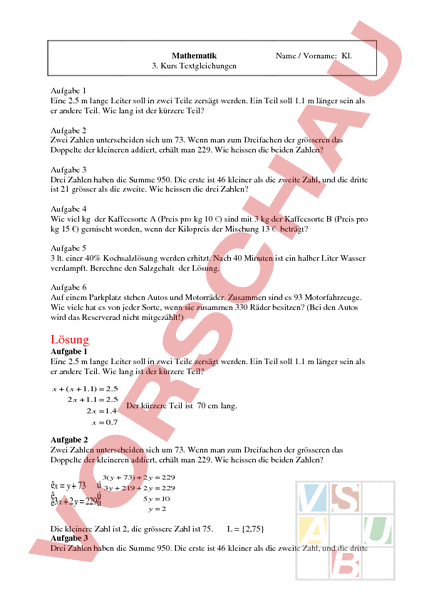 Arbeitsblatt: Textgleichungen - Mathematik - Gleichungen / Ungleichungen
