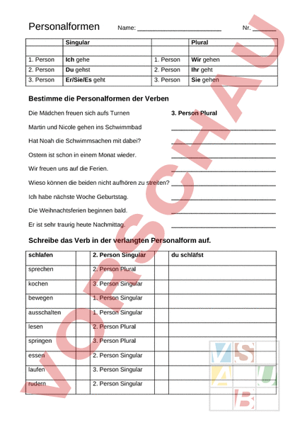 Arbeitsblatt: Personalformen - Deutsch - Grammatik