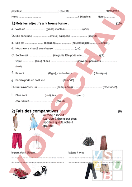 Arbeitsblatt: Les adjectifs petit test - Französisch - Grammatik