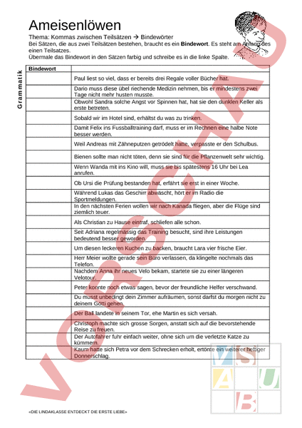 Arbeitsblatt: Bindewörter in Teilsätzen - Deutsch - Grammatik