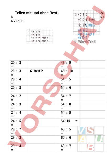 Arbeitsblatt: Teilen mit und ohne Rest - Mathematik - Division