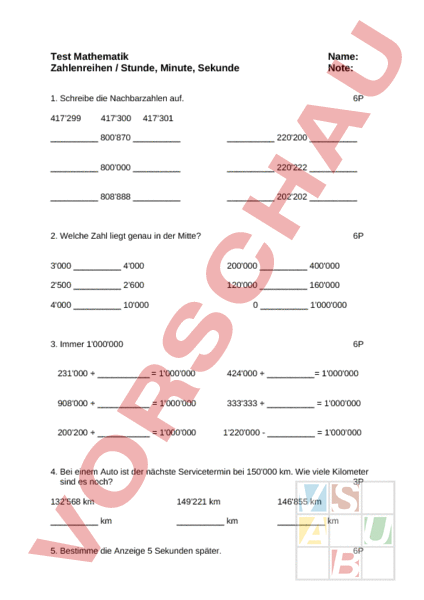 Arbeitsblatt: Test 5 - Mathematik - Gemischte Themen