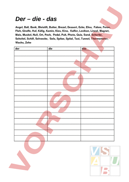 Arbeitsblatt: der, die das - Deutsch - Grammatik