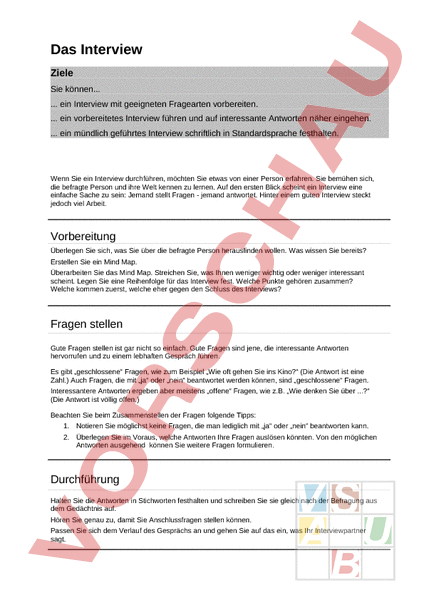 Arbeitsblatt: Interview - Deutsch - Gespräche