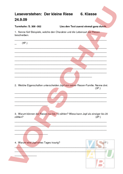 Arbeitsblatt: der kleine Riese - Deutsch - Lesefertigkeit