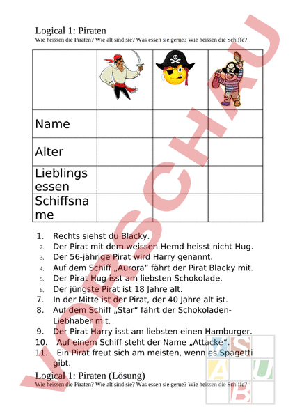 Arbeitsblatt: Piraten-Logical - Deutsch - Textverständnis