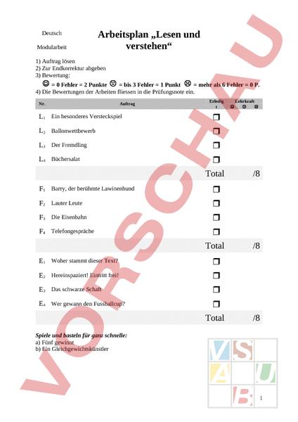 Arbeitsblatt: Lesen und Verstehen - Arbeitsplan - Deutsch - Textverständnis