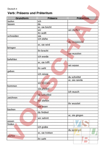 Arbeitsblatt: Verben: Präsens, Präteritum - Deutsch - Grammatik