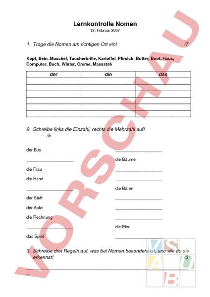 Arbeitsblatt: Lernkontrolle Nomen - Deutsch - Grammatik