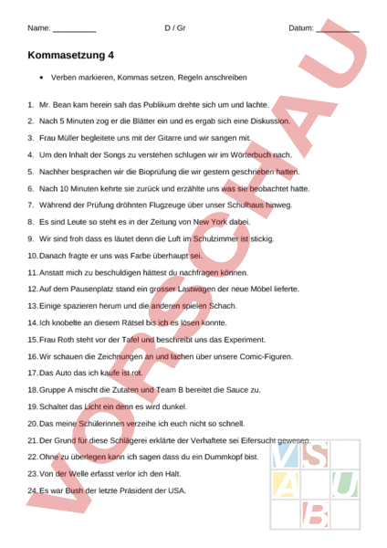Arbeitsblatt: Kommasetzung A Übung 3 - Deutsch - Grammatik