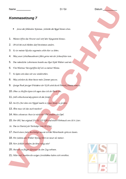Arbeitsblatt: Kommasetzung A Übung 6 - Deutsch - Grammatik